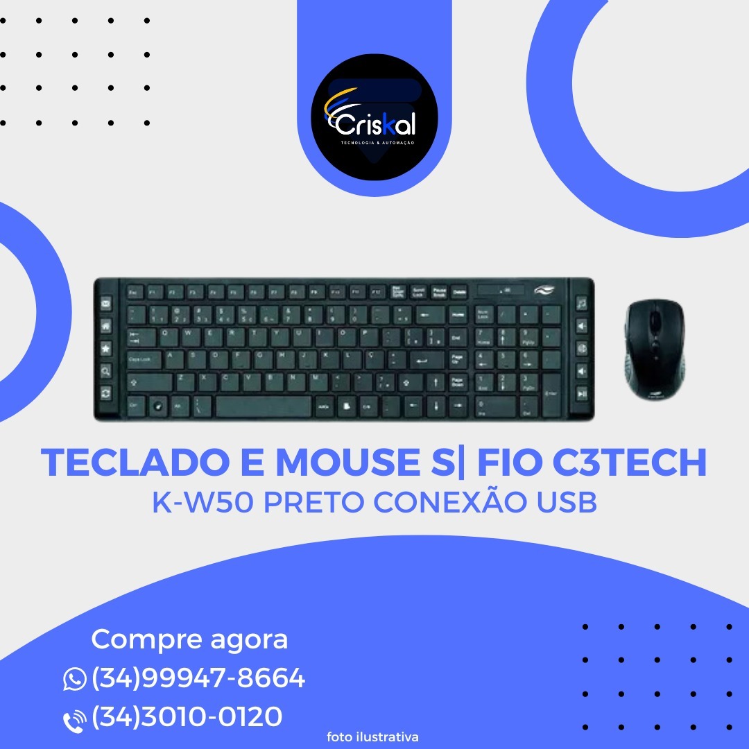 Teclado Mouse Sem Fio C3TECH K-W50 Preto - Loja Criskal